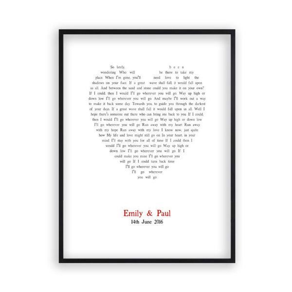 1st Anniversary Custom Song Lyrics Print | Personalised Heart Lyrics ...